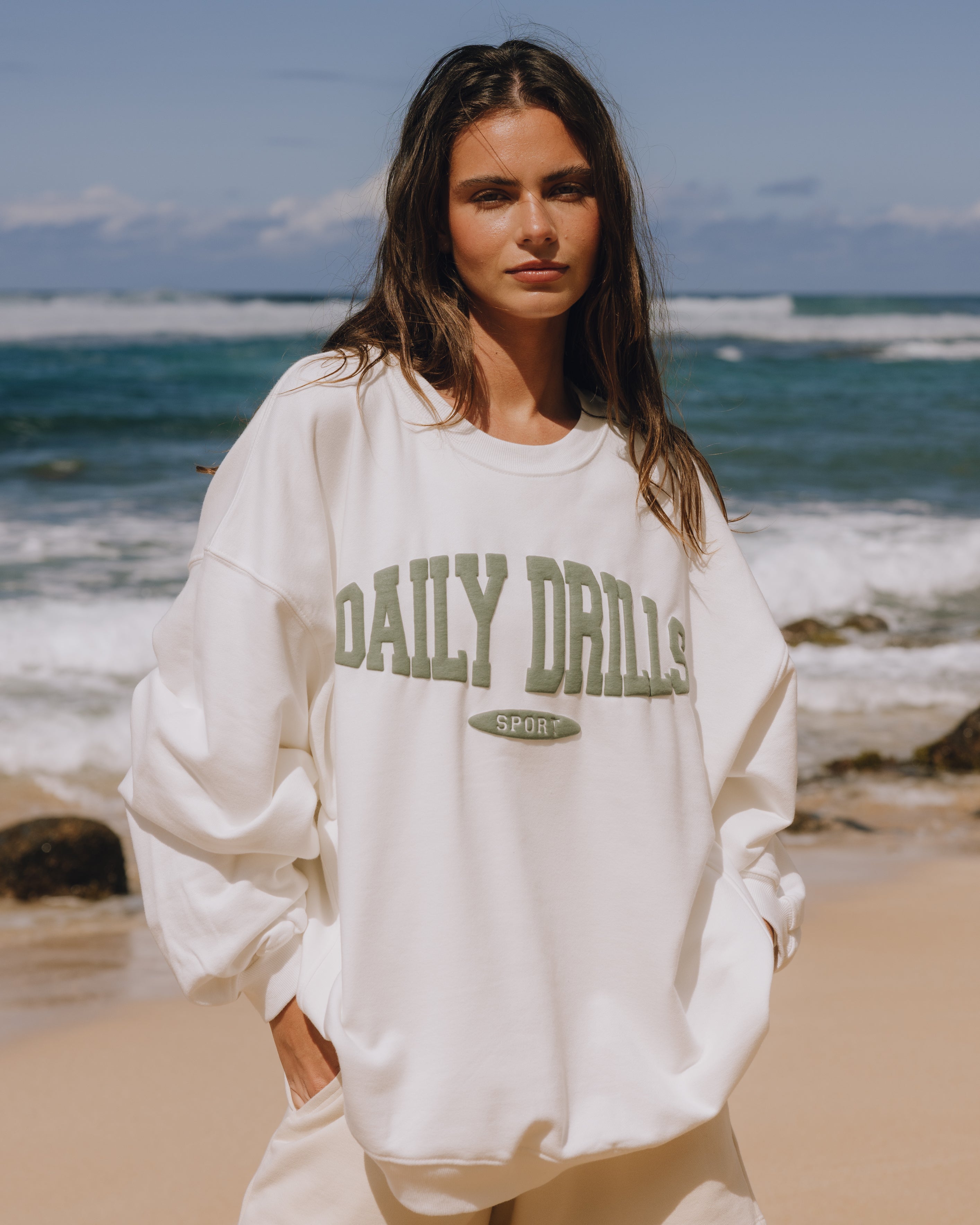 Oversized Sport Crew - Raw White with DD Green – shopdailydrills
